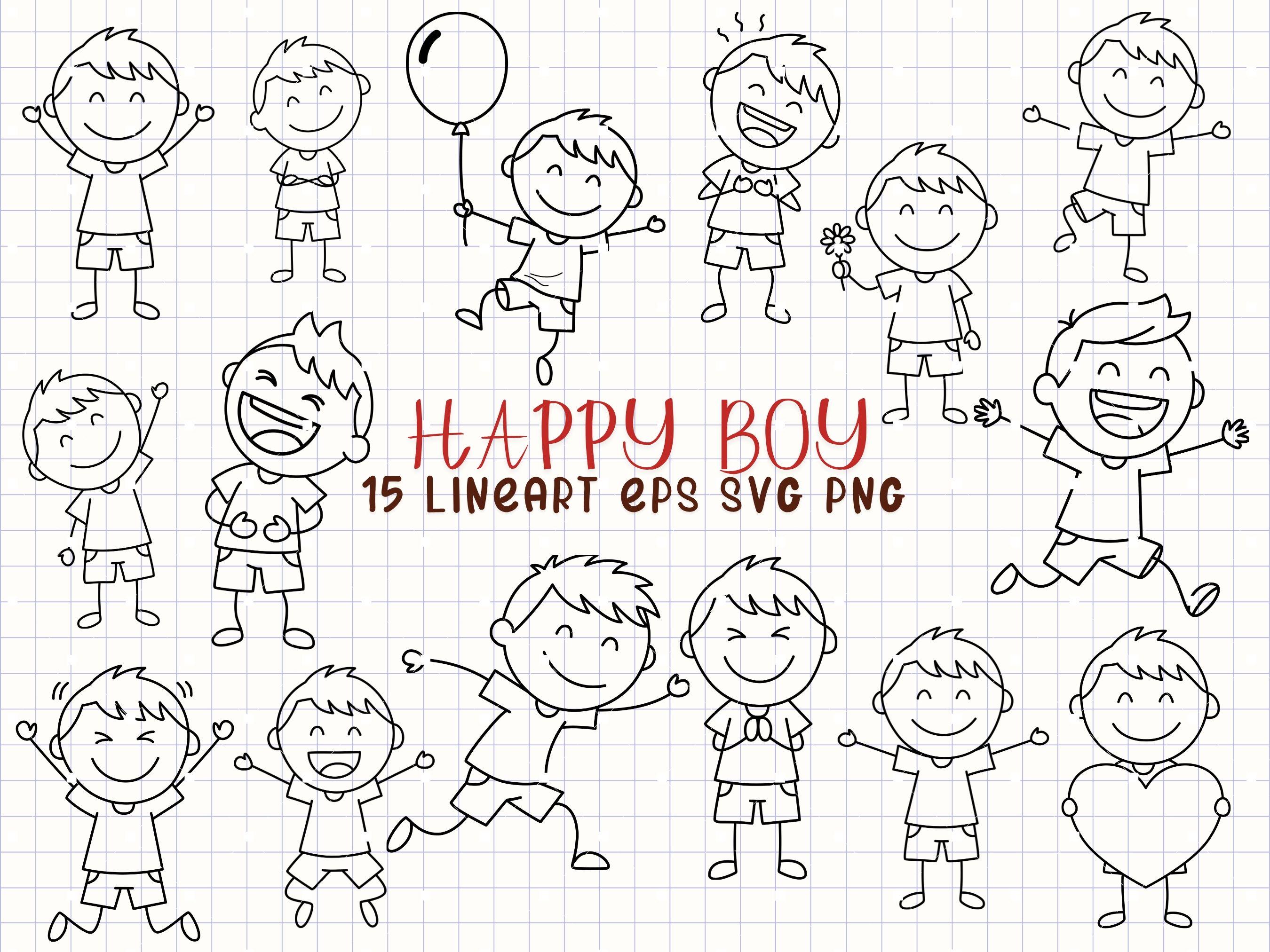 Happy Boys Line Art Clipart Set, Cute Stick Figure Boy SVG Bundle ...