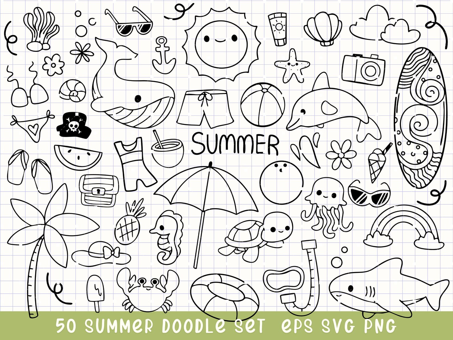 Summer Doodle Clipart, Beach SVG, Summer SVG, Ocean PNG, Tropical ...