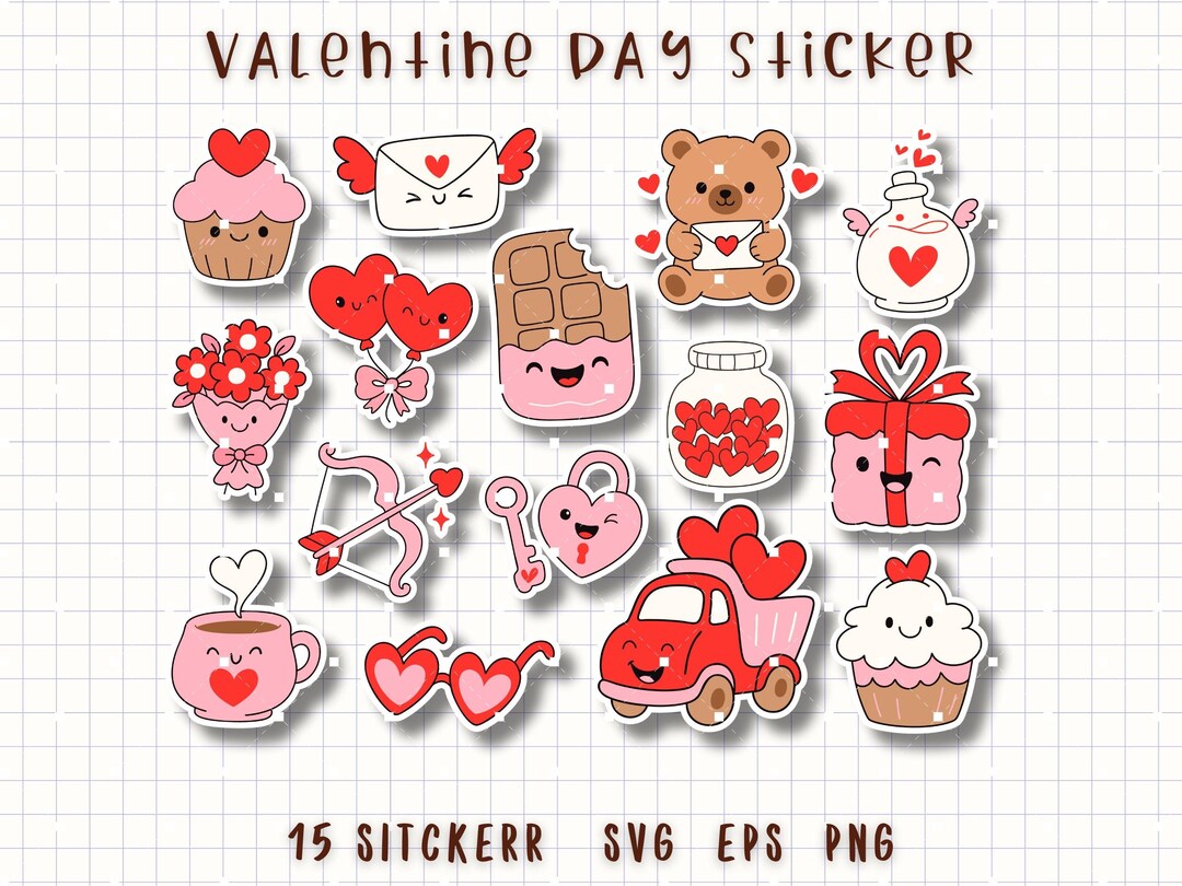 Cute Valentine Clipart Sticker Set, Kawaii Love SVG Bundle, Sweet Heart ...