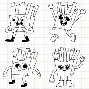 French Fries Line Art Clipart, Kawaii Fast Food SVG, Kawaii Food SVG ...
