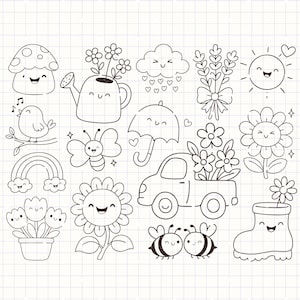 Cute Spring Clipart, Kawaii Flower Garden SVG Bundle, Hand Drawn Spring ...