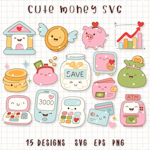 Cute Money SVG Bundle, Kawaii Finance Clipart Set, Savings Piggy Bank ...