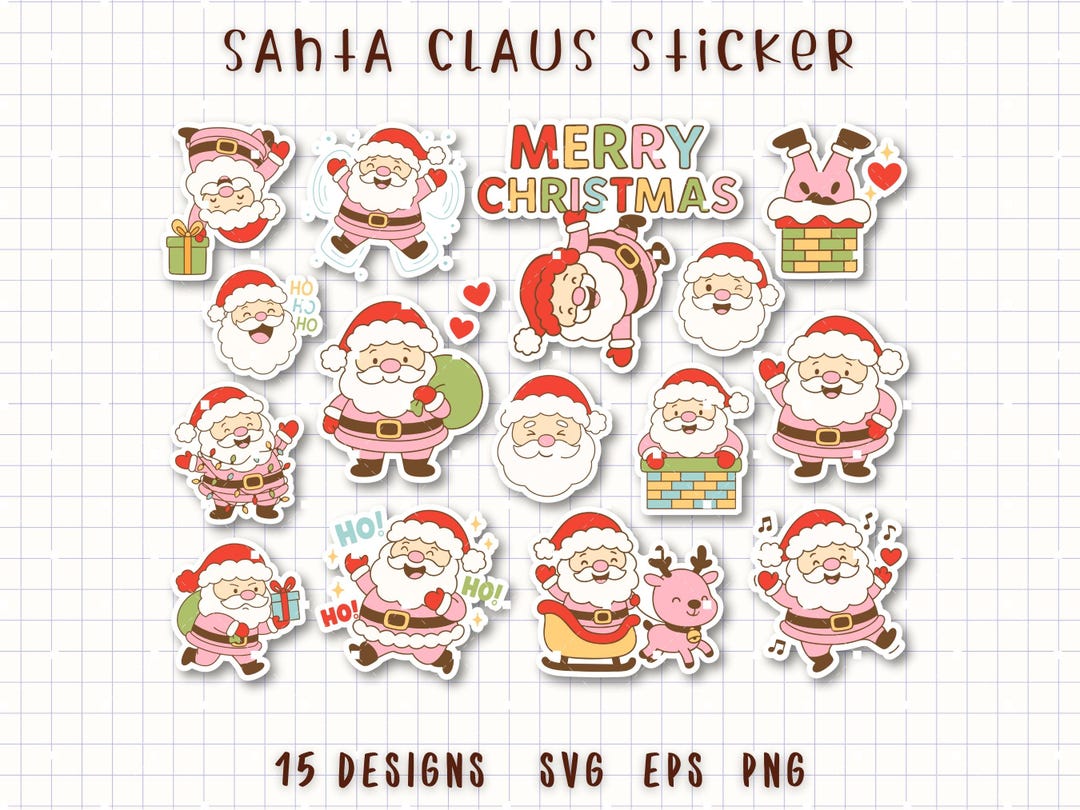 Santa Claus Sticker Bundle, Cute Kawaii Christmas Clipart Set, Adorable ...