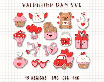 Cute Valentine Clipart Bundle, Kawaii Love SVG Set, Sweet Heart ...