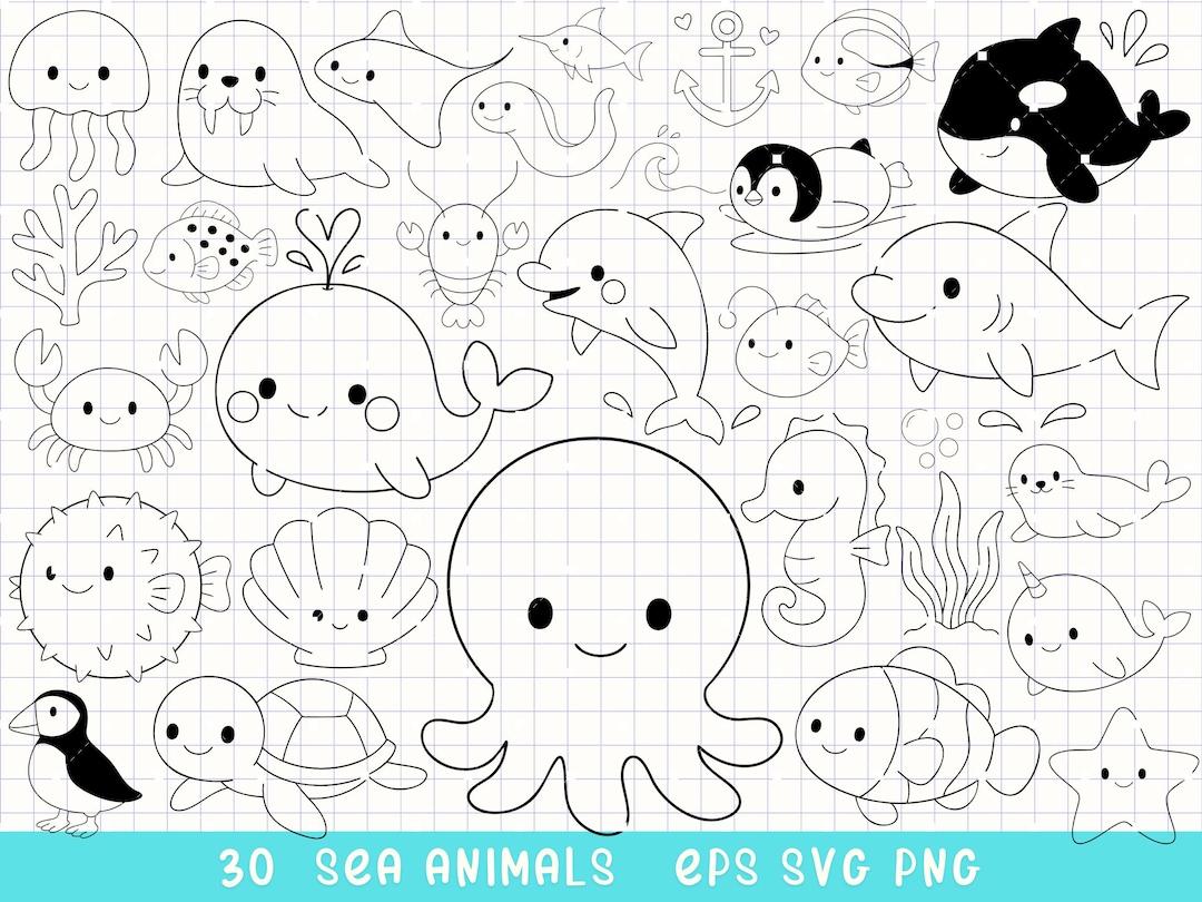 Sea Animals Clipart, Ocean Animal Svg, Cute Marine Animals, Underwater ...