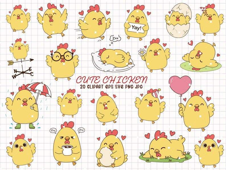 Cute Chicken Svg Bundle, Kawaii Farm Animal Clipart, Hand Drawn Baby ...