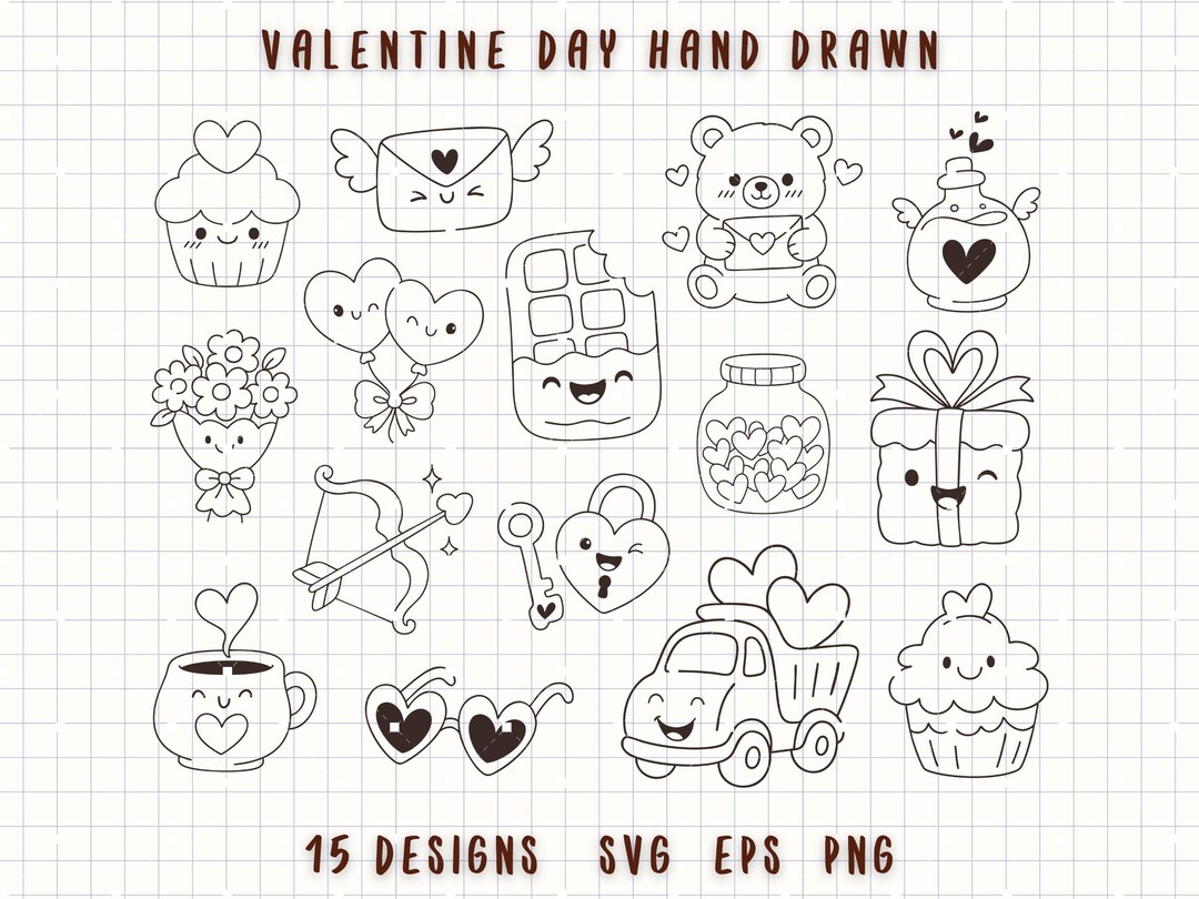 Valentine Day Hand Drawn SVG Set, Cute Love Doodle Clipart, Kawaii ...