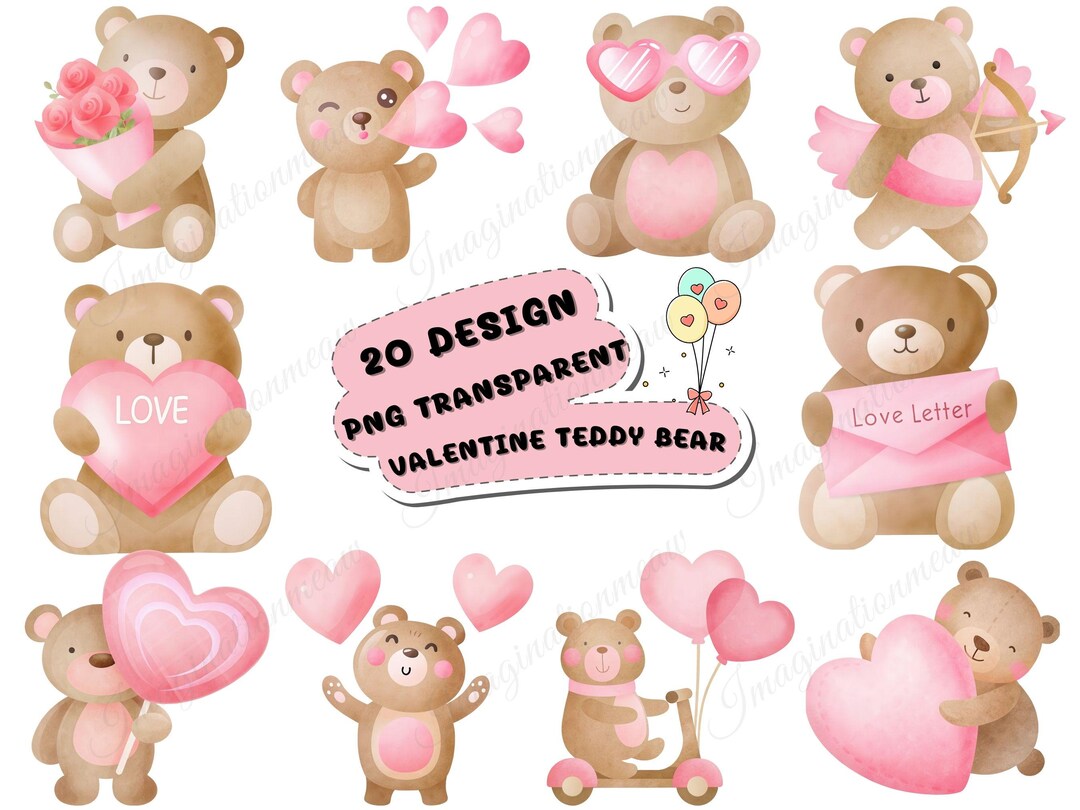 Watercolor Valentine Teddy Bear Clipart, Cute Love PNG Bundle ...