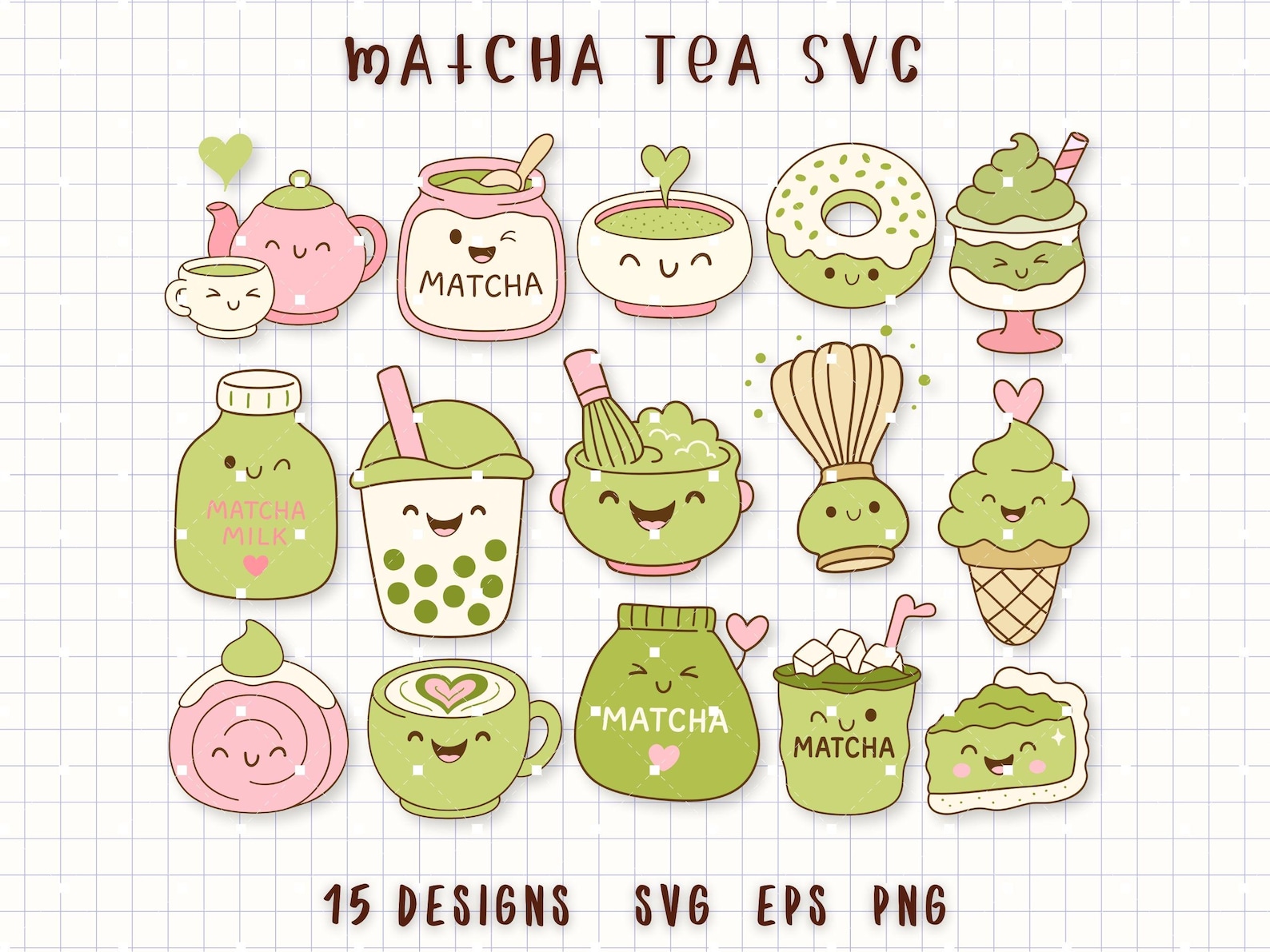 Matcha Tea SVG Bundle, Cute Kawaii Matcha Clipart Set, Green Tea Boba ...