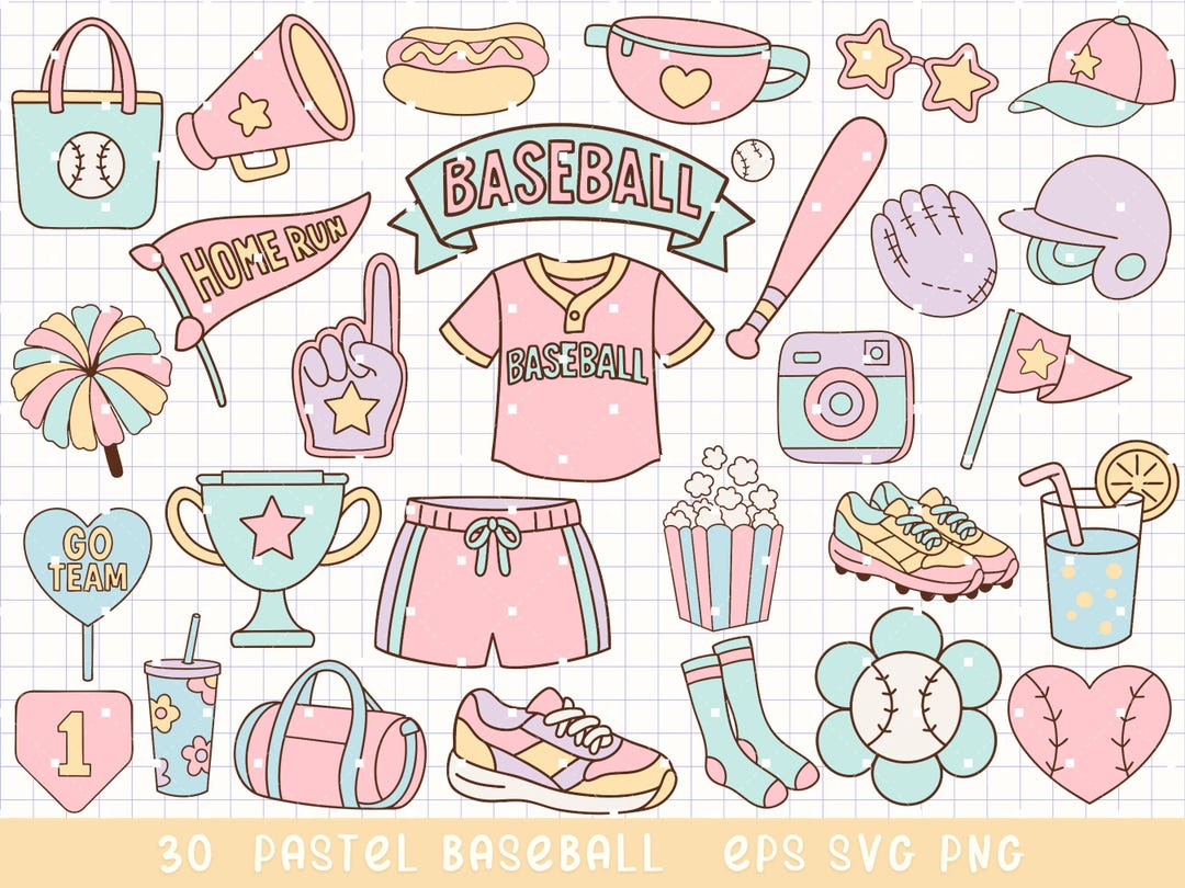 Pastel Baseball Clipart, Kawaii Sports Svg, Cute Baseball Bundle ...