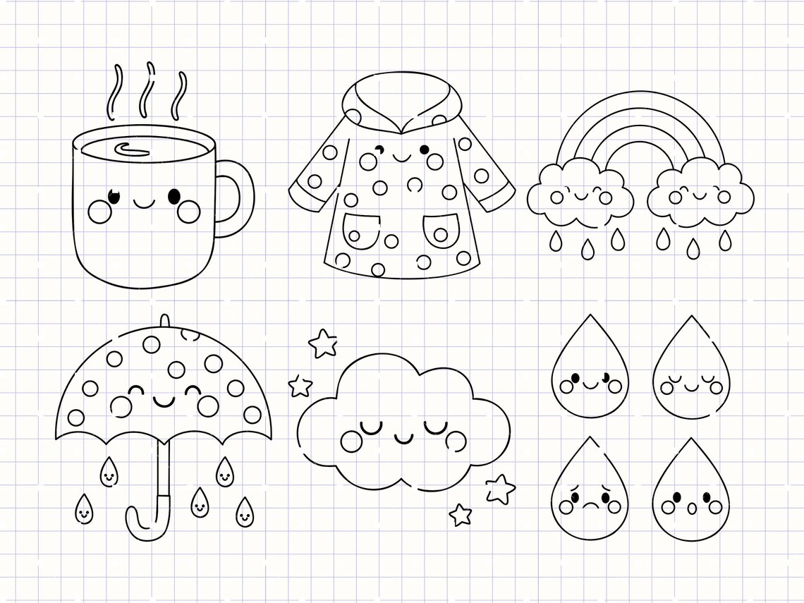 Rainy Day Clipart, Cute Weather Svg, Kawaii Rain Doodles, Rainy Day ...