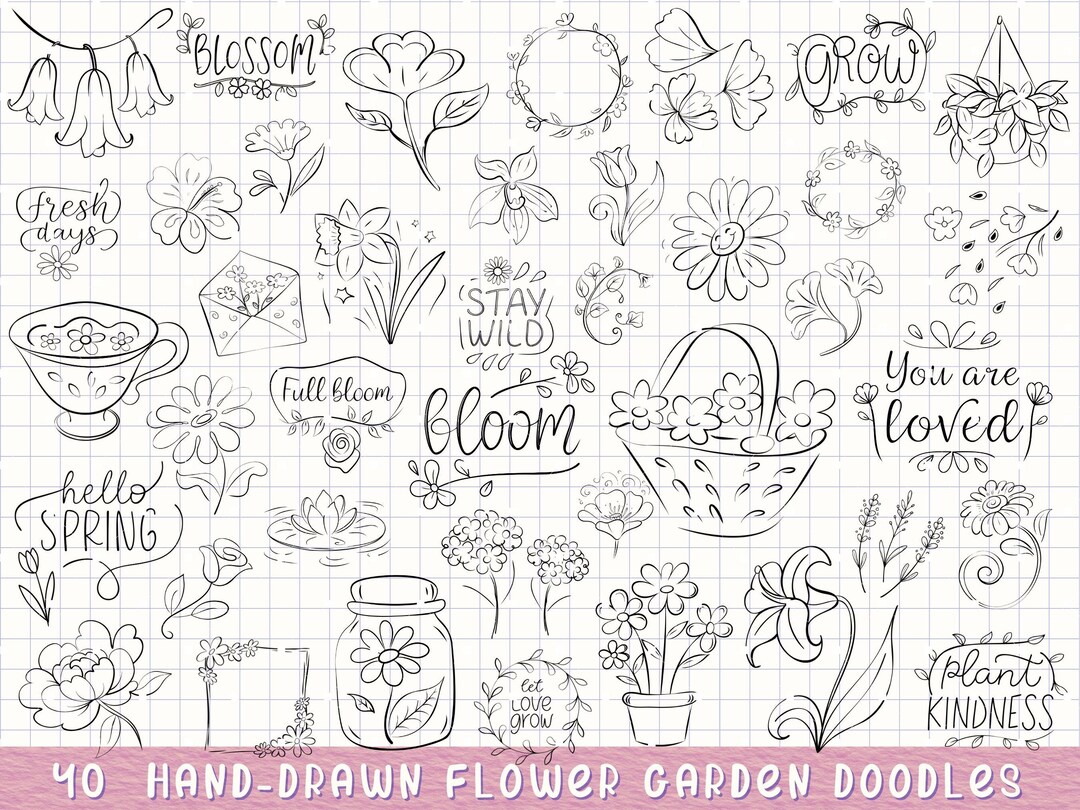 Hand Drawn Flower Garden Doodles, 40 Spring Floral Clipart PNG SVG ...