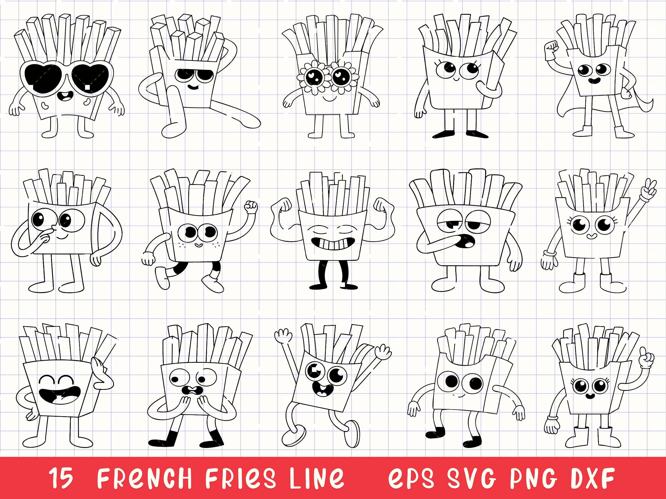 French Fries Line Art Clipart, Kawaii Fast Food SVG, Kawaii Food SVG ...