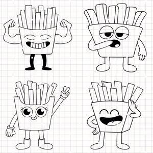 French Fries Line Art Clipart, Kawaii Fast Food SVG, Kawaii Food SVG ...