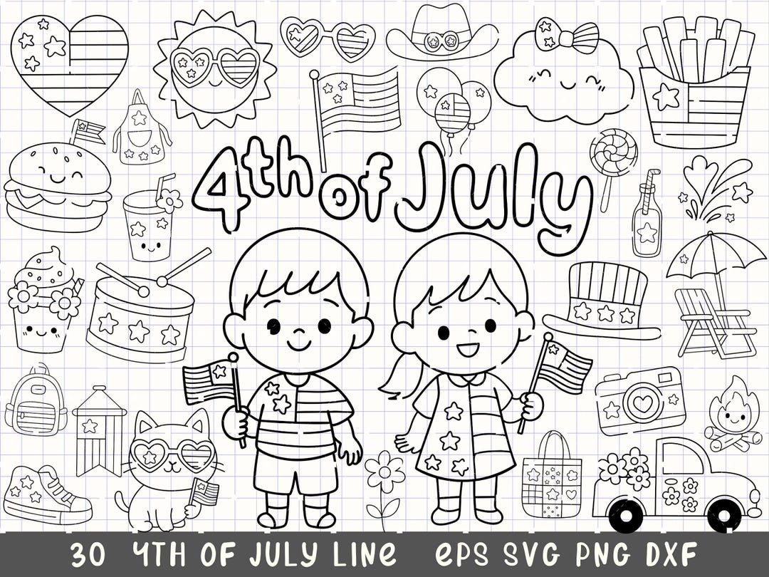 4th of July Line Art, Patriotic Svg Bundle, Kids Usa Clipart, Black and ...