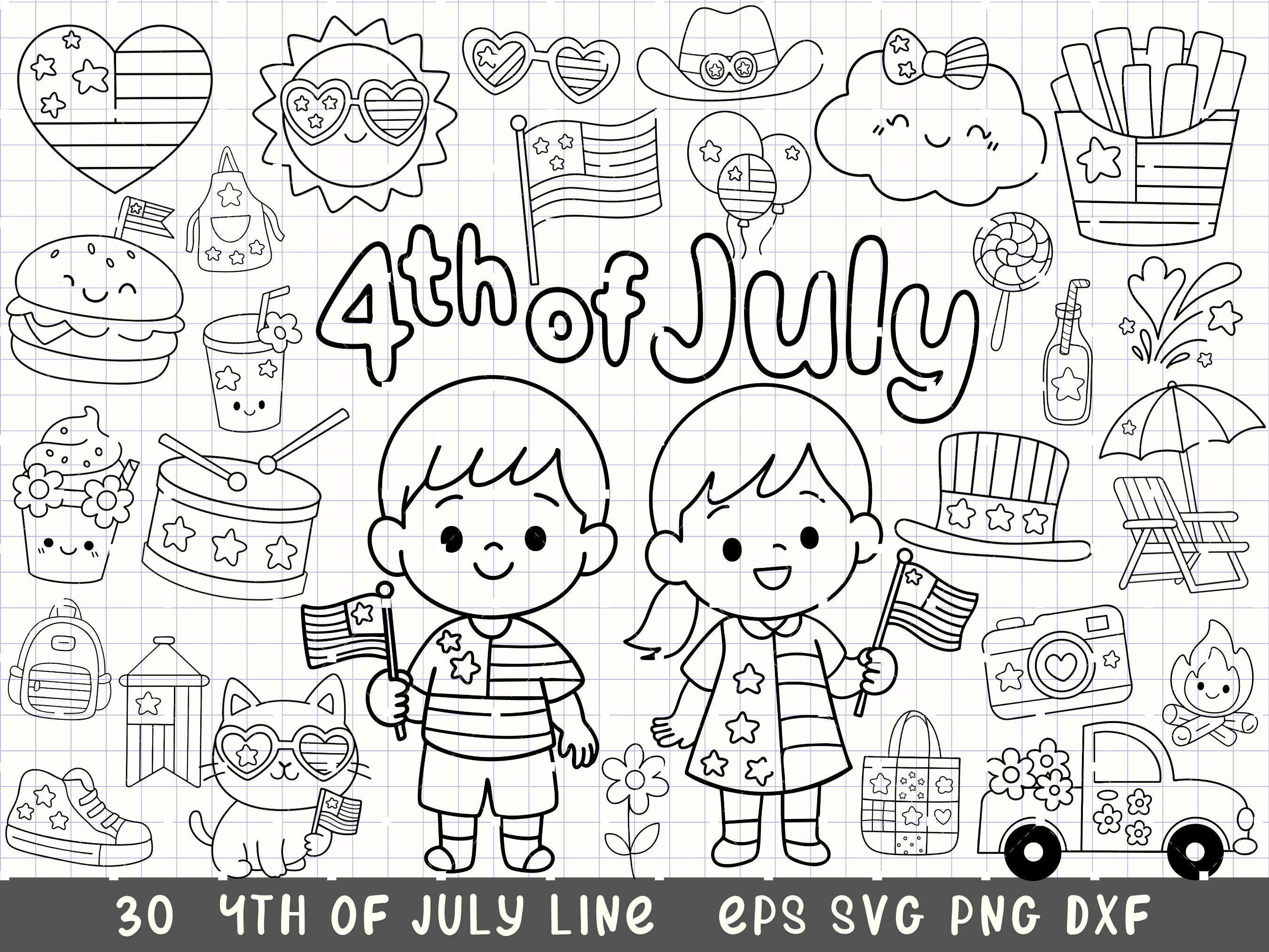 4th of July Line Art, Patriotic Svg Bundle, Kids Usa Clipart, Black and ...