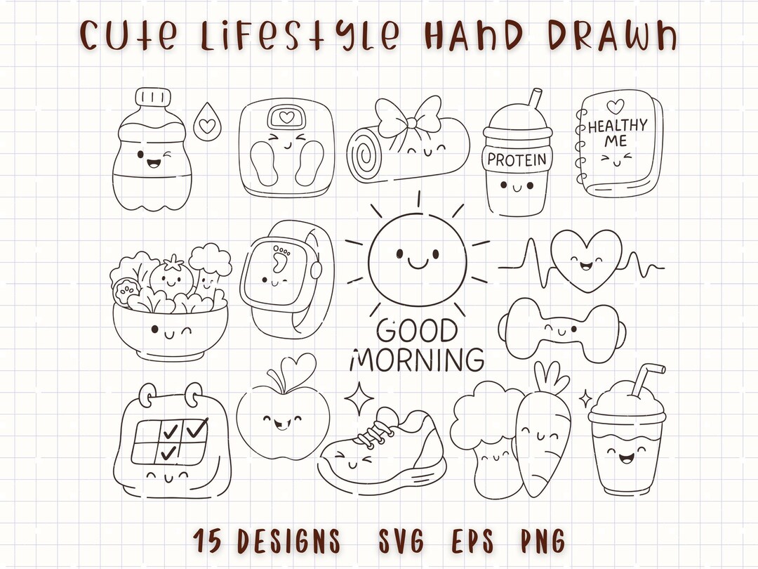 Cute Lifestyle Clipart, Kawaii Healthy Life SVG Bundle, Hand Drawn ...