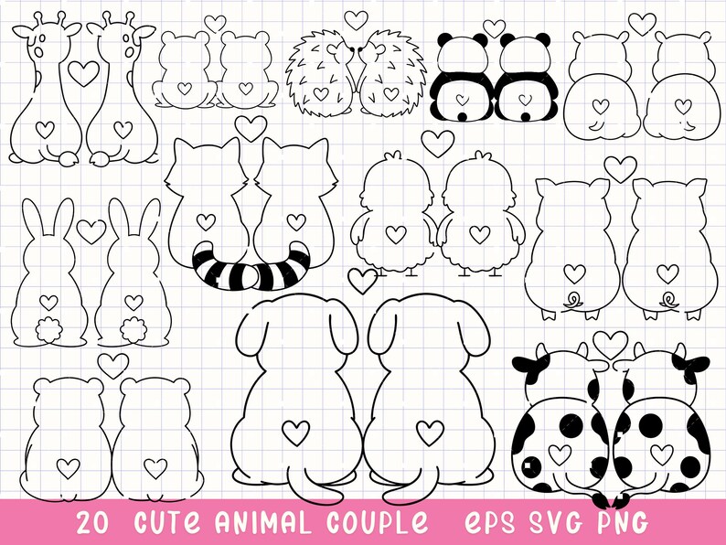 Animal Couple Svg, Cute Animal Love, Animal Pair Clipart, Kawaii Couple ...
