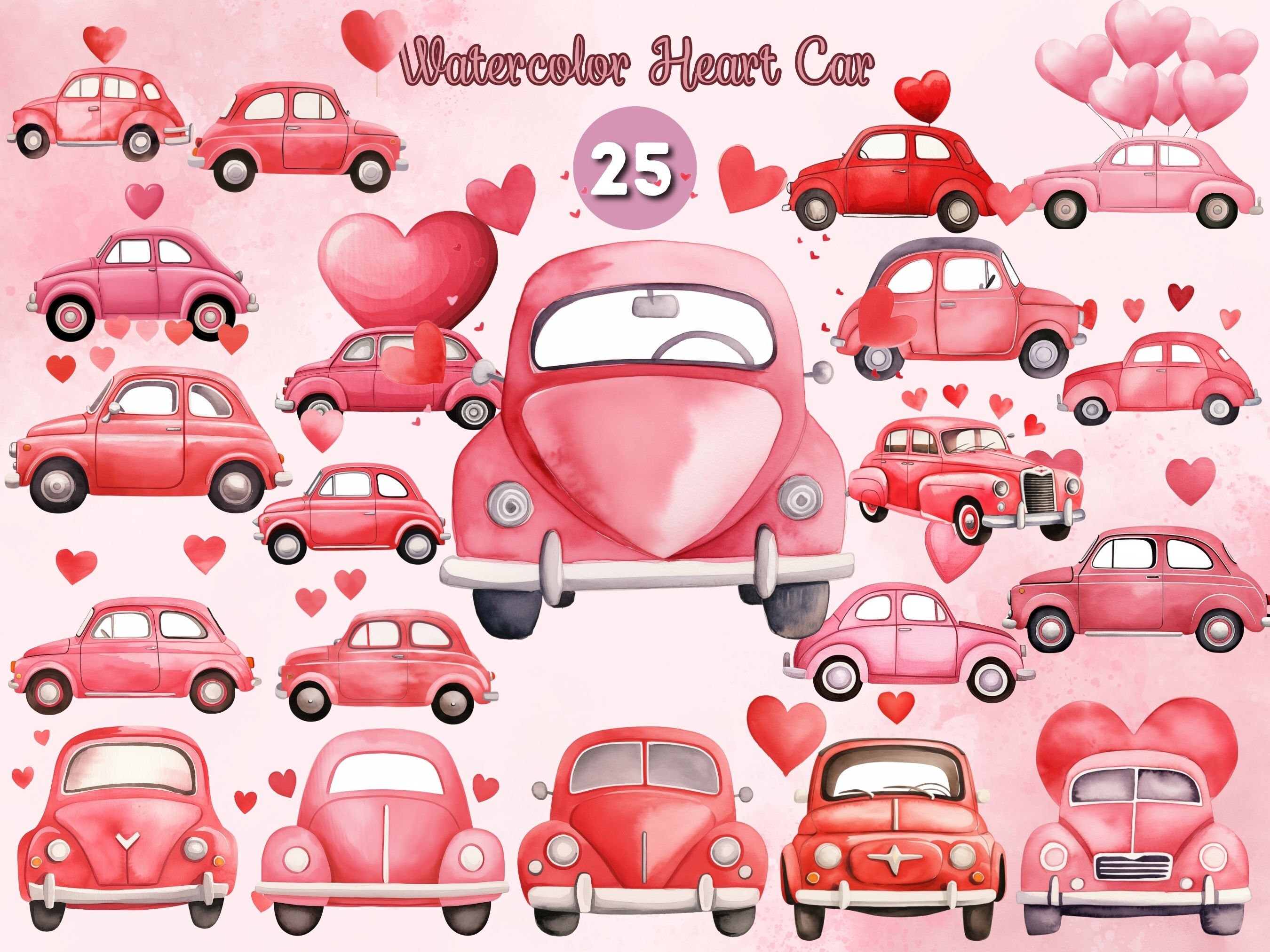 Pink Car PNG and Watercolor Heart Car, Classic Car Clipart, Romantic ...