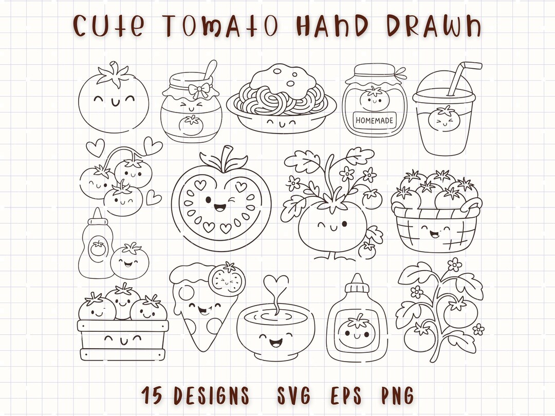 Cute Tomato Clipart, Kawaii Vegetable SVG Bundle, Hand Drawn Tomato ...