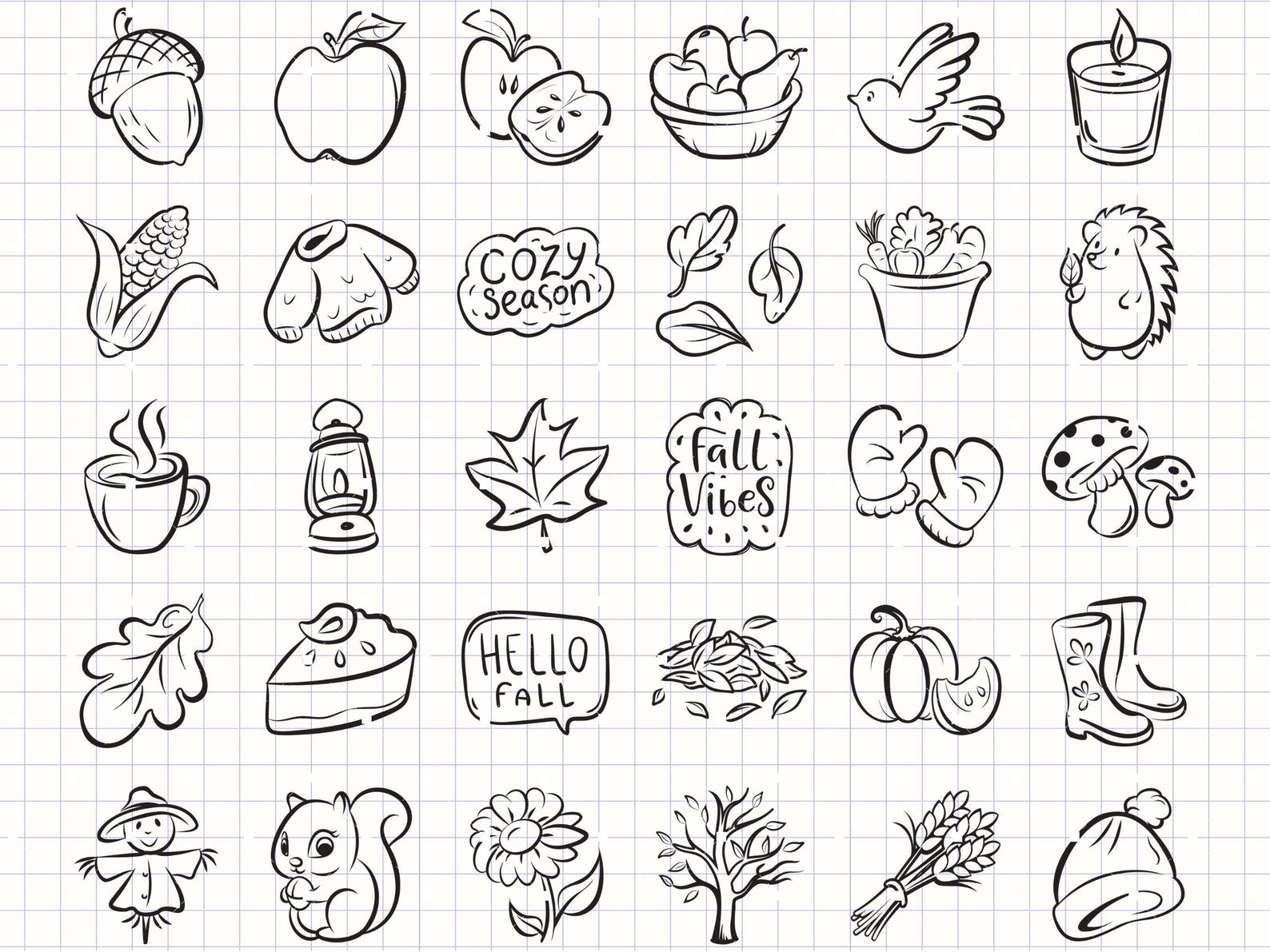 Fall Svg Bundle, Autumn Clipart Doodle, Hand Drawn Cozy Season Clipart ...