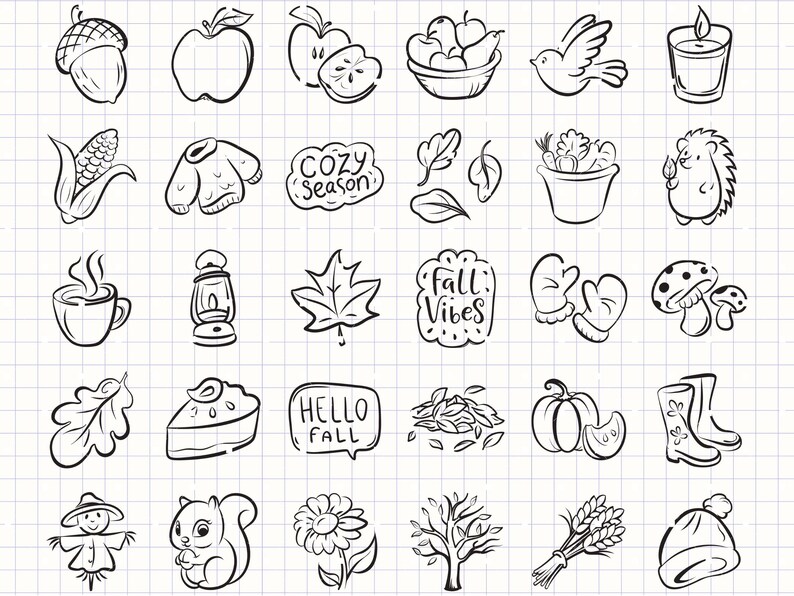 Fall Svg Bundle, Autumn Clipart Doodle, Hand Drawn Cozy Season Clipart ...