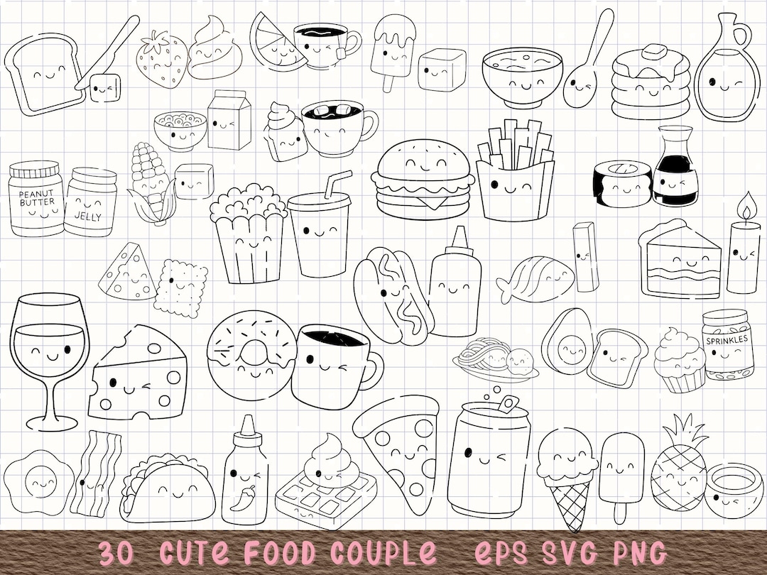Hand‑drawn Food Couple SVG PNG Bundle – Kawaii Food Pair Clipart for ...