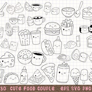Hand‑drawn Food Couple SVG PNG Bundle – Kawaii Food Pair Clipart for ...