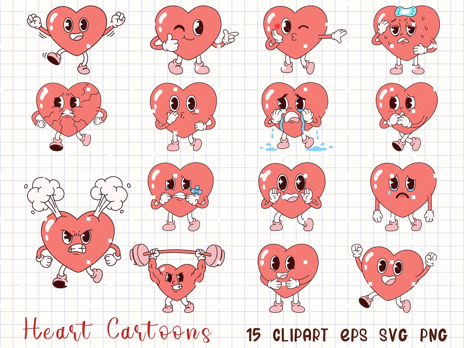 Cute Heart Cartoon Clipart Set, Kawaii Love Emoji SVG Bundle, Valentine ...