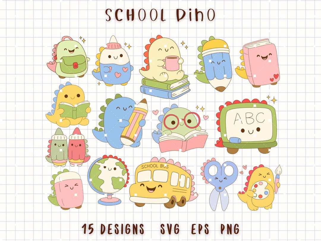 School Dino SVG Bundle, Cute Dinosaur School Clipart, Kawaii Back to ...
