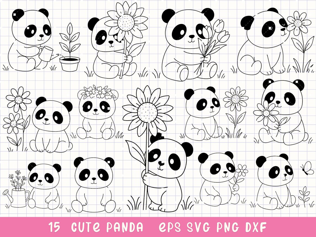 Cute Panda Svg, Animal Clipart, Baby Panda Svg, Flower Panda Doodle ...
