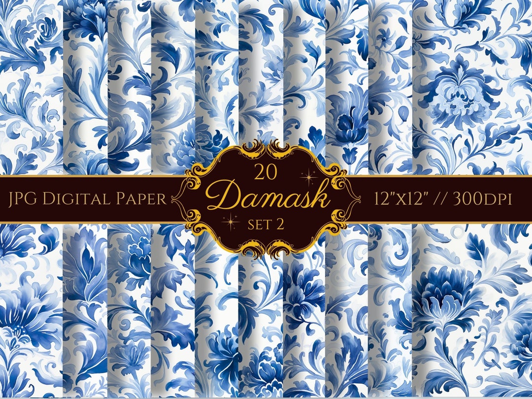 Watercolor Bule Damask Digital Paper Seamless Patterns for - Etsy