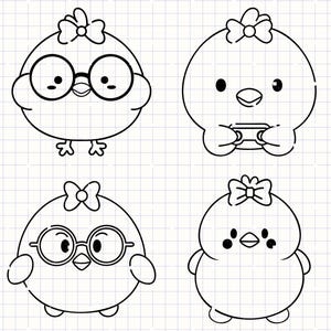 Baby Chicks Line Art Clipart, Cute Chicken SVG, Easter Chick PNG, Farm ...