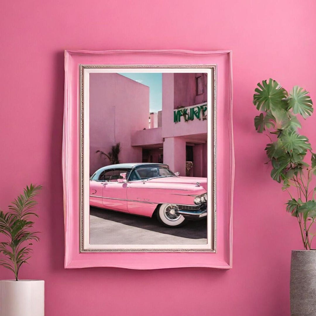 Retro Pink Car Print: Vintage Style Wall Art - Etsy