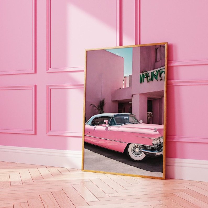 Retro Pink Car Print: Vintage Style Wall Art - Etsy