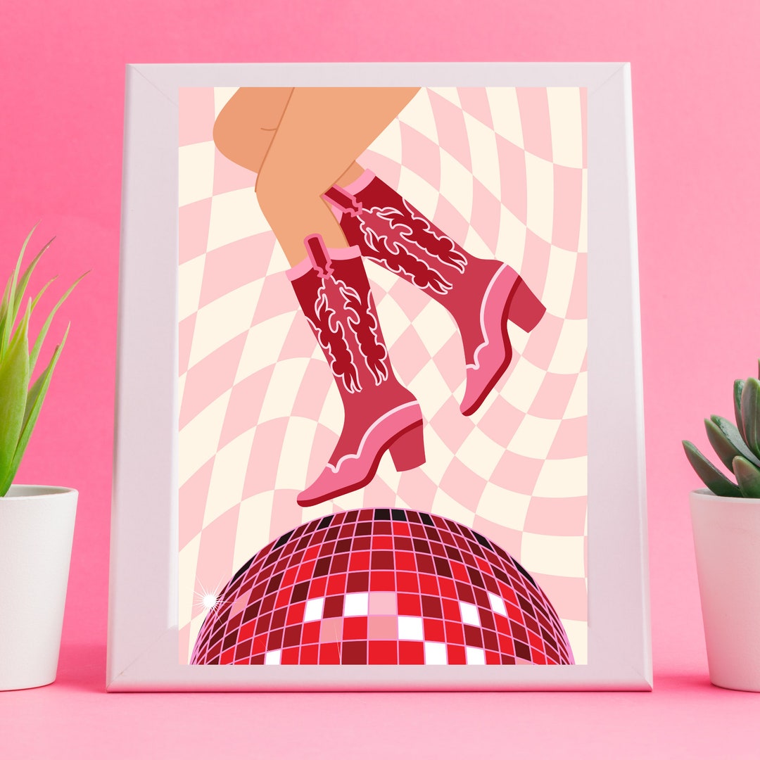 Pink Cowgirl Boots and Disco Ball Western Themed Print, Disco Ball ...
