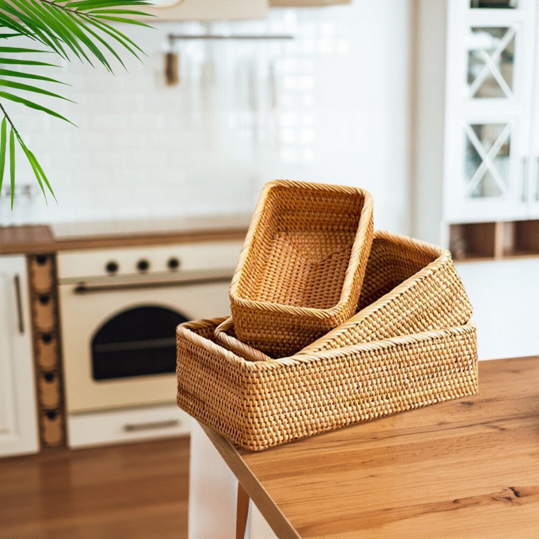 Woven Rectangular Rattan Storage Basket,handmade Rattan Tray Basket ...
