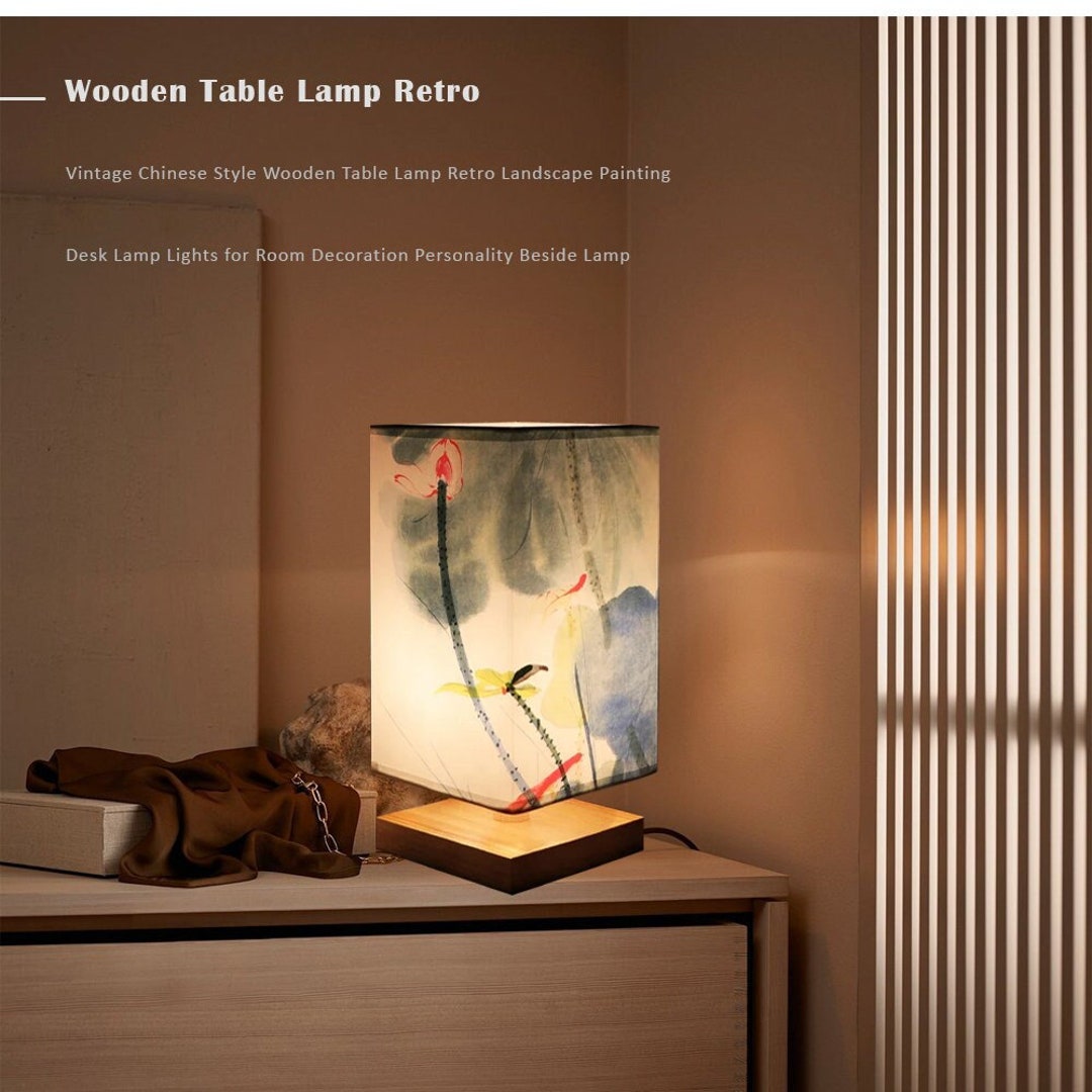 Cloth Wooden Table Lamp Nordic Painting Desktop Lamp Reading Lights for ...