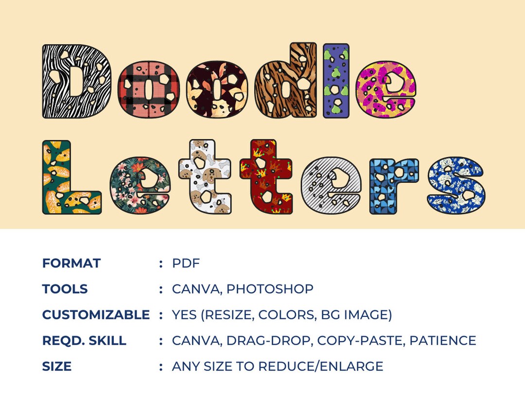 Doodle Alphabet Letters para Canva, formato PDF para crear cualquier palabra para educación, POD ...