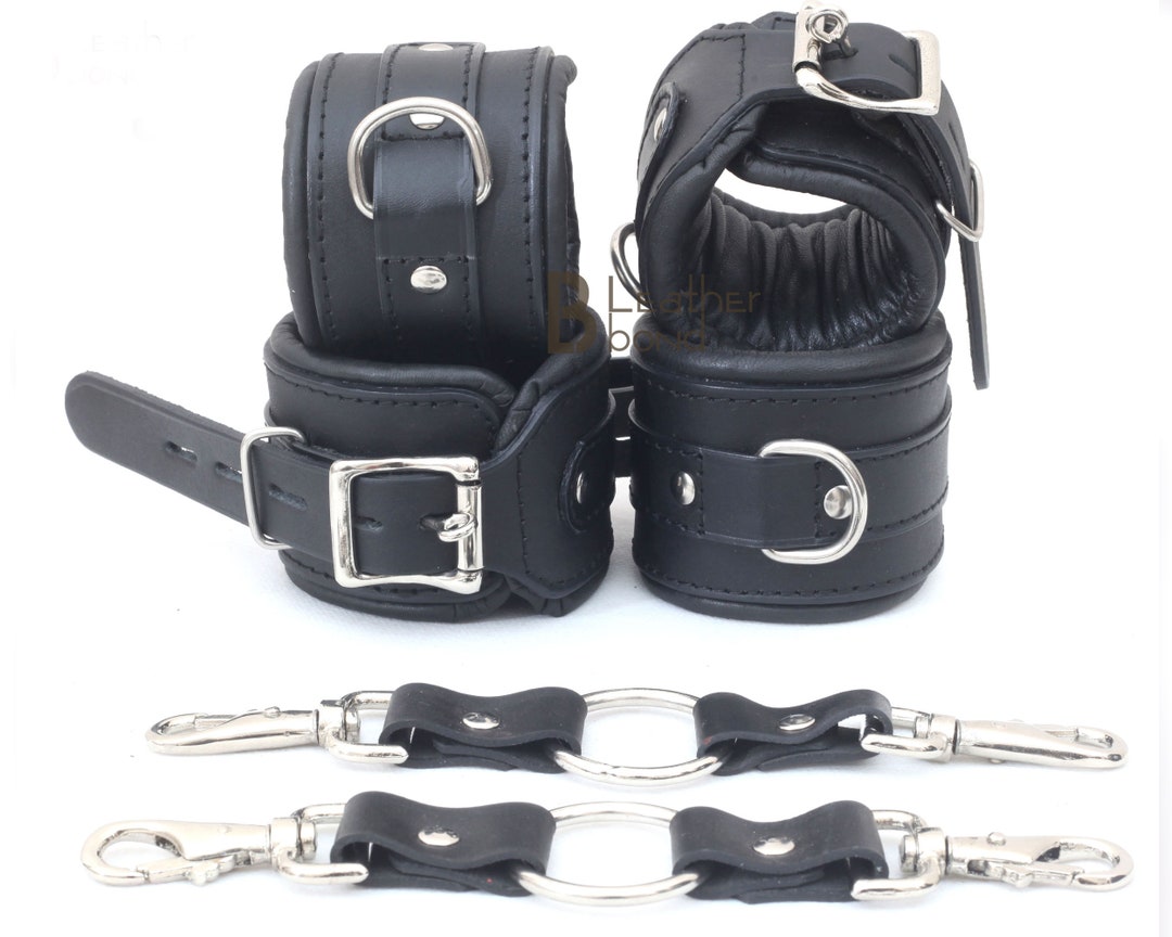 Real Leather Wrist and Ankle Cuffs Collar Restraint Bondage Set Black 6 Piece Padded Cuffs With ...