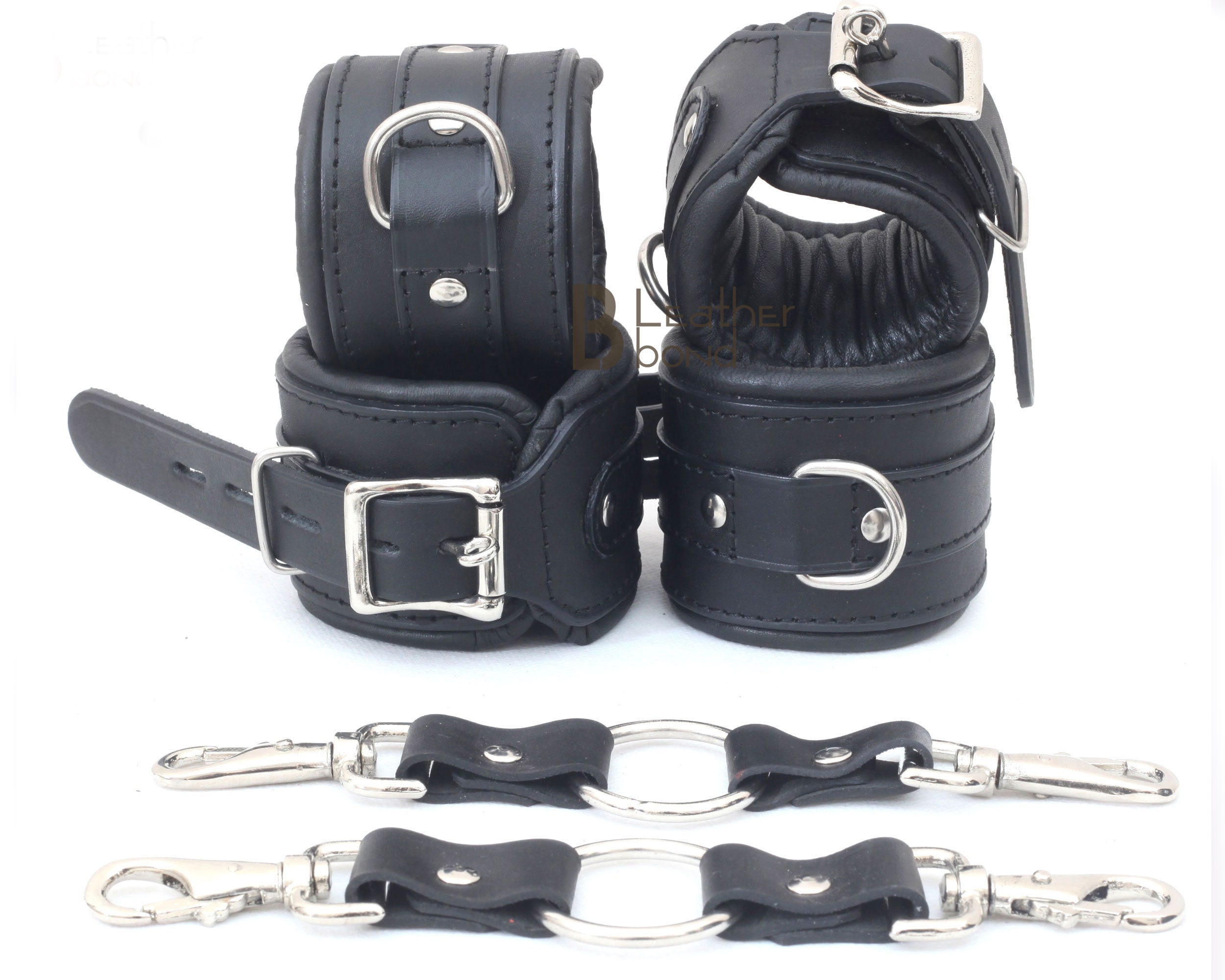 Real Leather Wrist and Ankle Cuffs Collar Restraint Bondage Set Black 6 ...