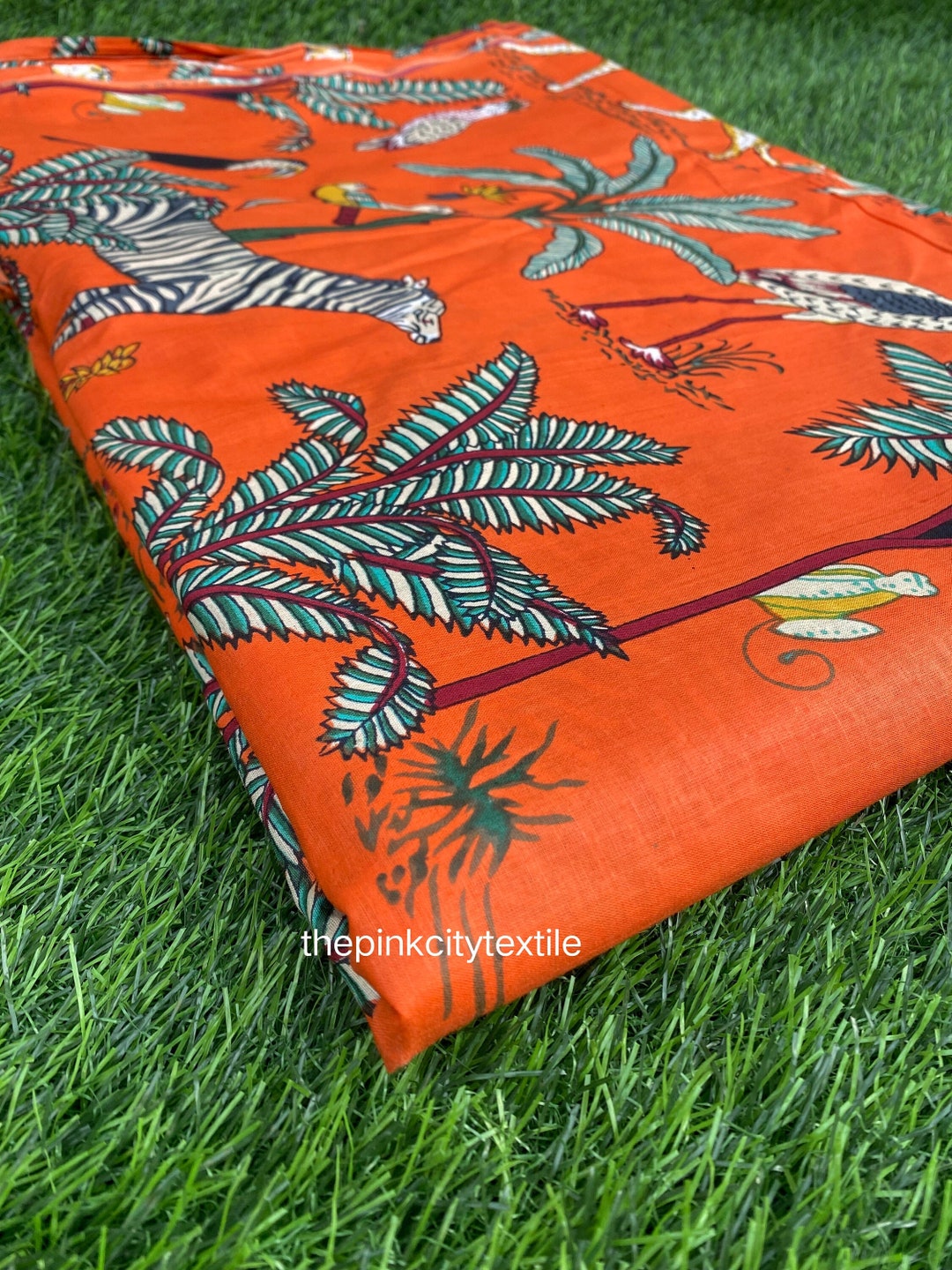 Orange Safari Jungle Animal Print 100% Cotton Fabric, India Jungle ...