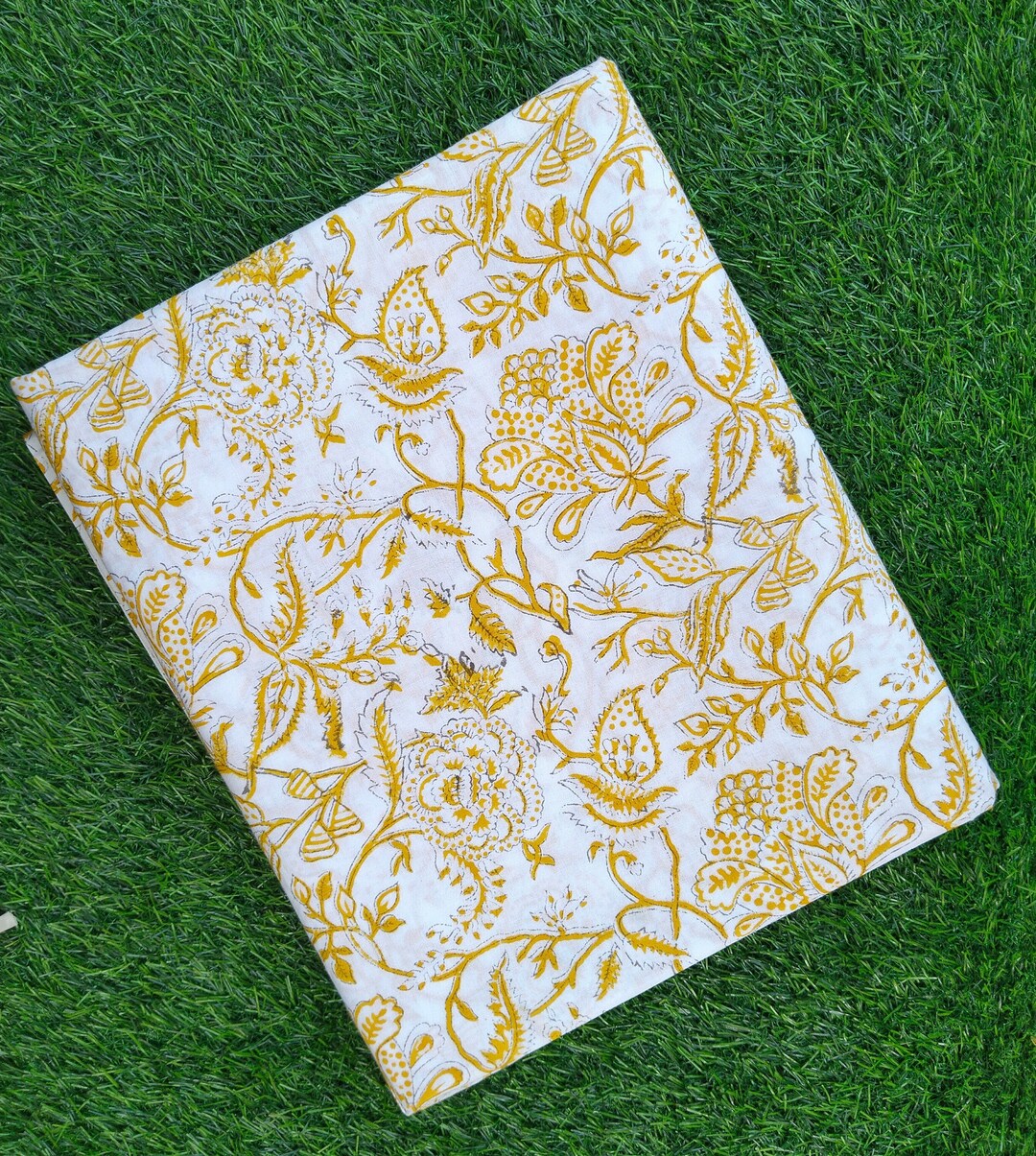 Floral Block Print Fabric, Indian Fabric, Indian Cotton, Mustard Yellow ...
