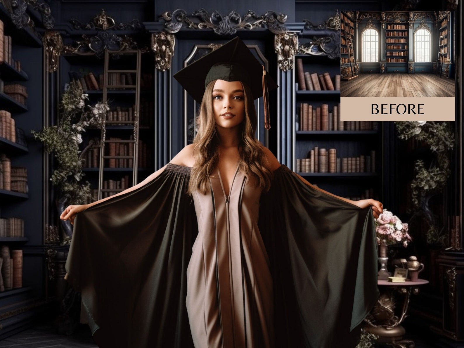 Digital Graduation Backdrop, Library Backgrounds, Dark Academia Grad ...