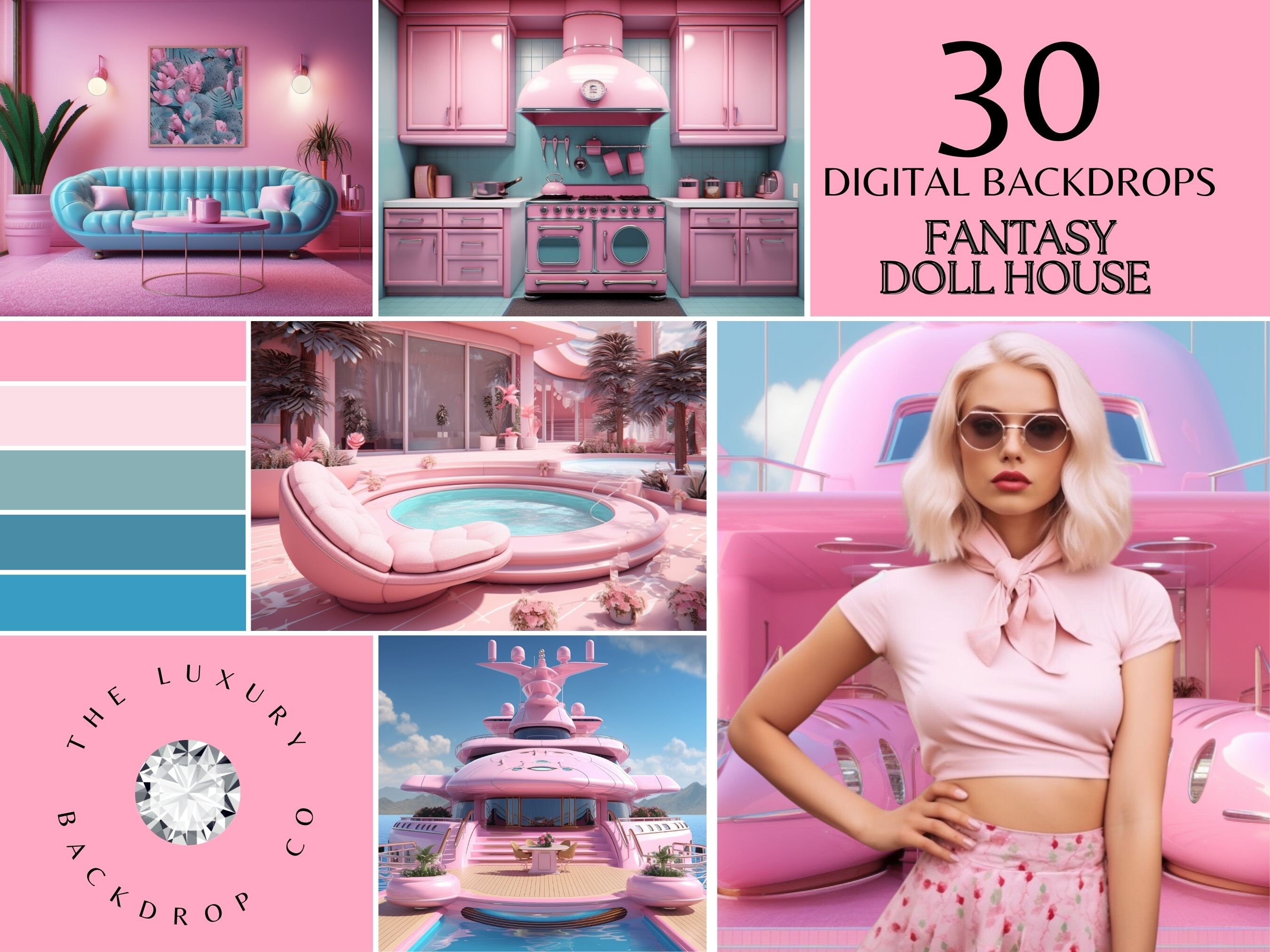 Pink Dollhouse, Digital Backdrops, Dollhouse Set, Doll World Background ...