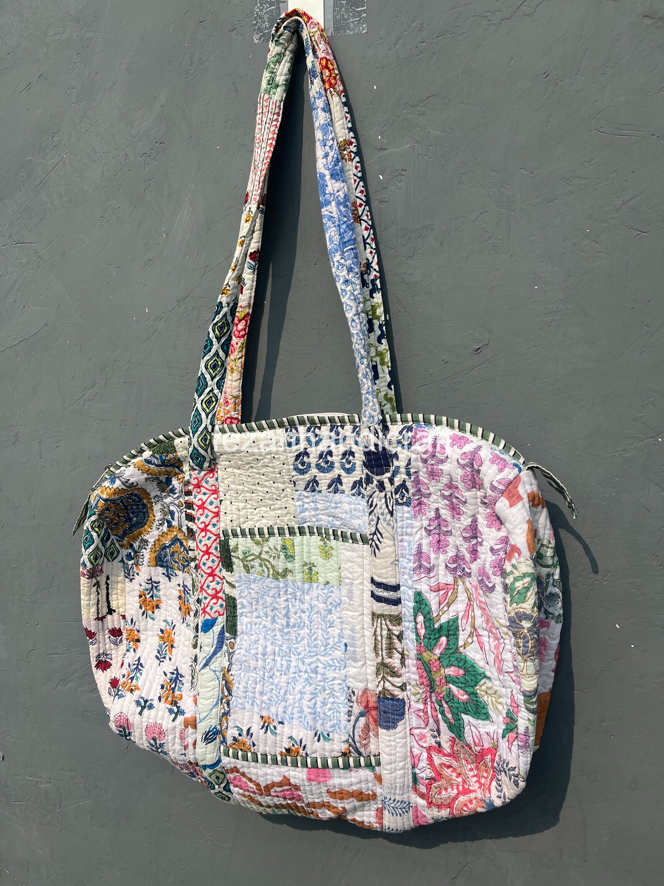 Handmade Quilted Patchwork Tote Bag: Block Print Cotton Duffle - Etsy