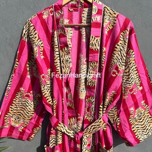 Cotton Beautiful Pink Color Tiger Print Robe, Indian Style Tiger With ...