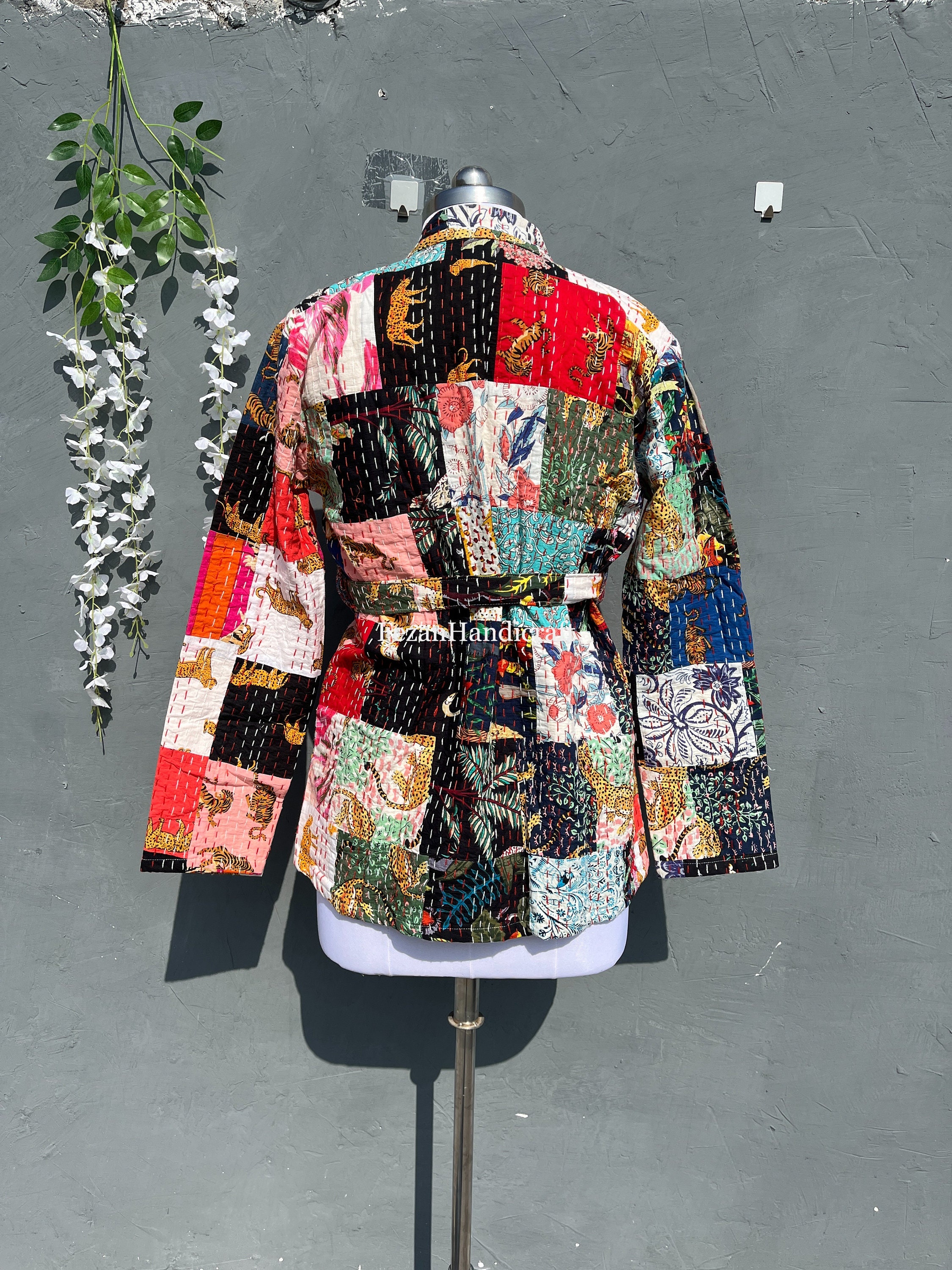 Tiger Print Patchwork Kantha Cotton Jacket, Quilted Kantha Cotton ...