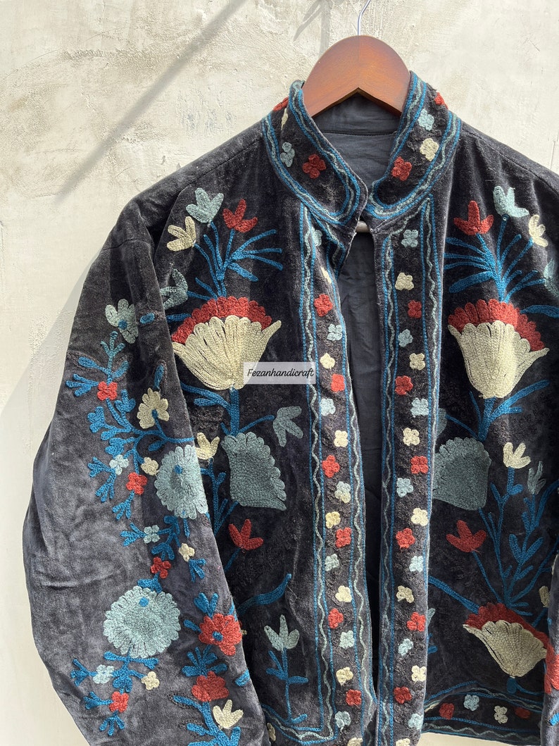 Velvet Suzani Embroidered Jacket: Indian Boho Cotton Coat - Etsy