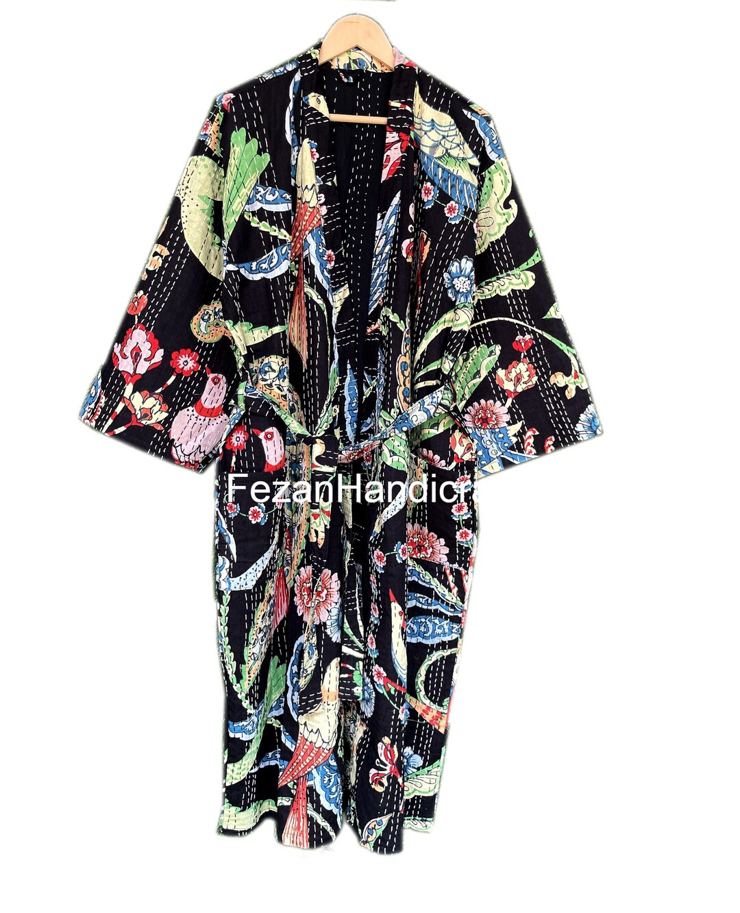Hand Cotton Bird Print Kantha Kimono, Unisex Dressing Gown Bohemian ...